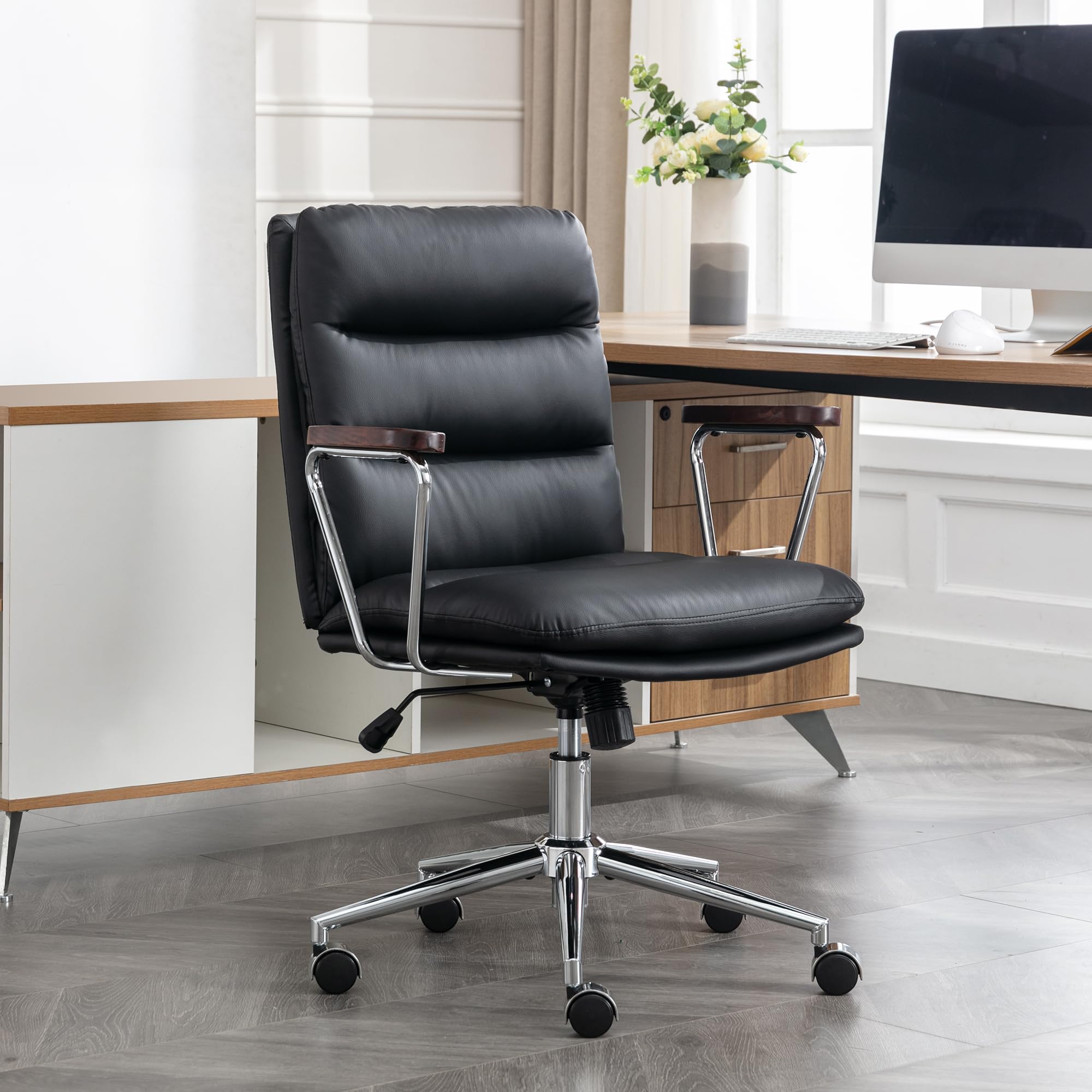 Okeysen Leather Office Chair, Modern Desk Chair with Removable Wooden Armrests, Ergonomic Mid-Back Conference Room Chairs with Wheels, Adjustable Swivel Rolling Chair for Home Office.