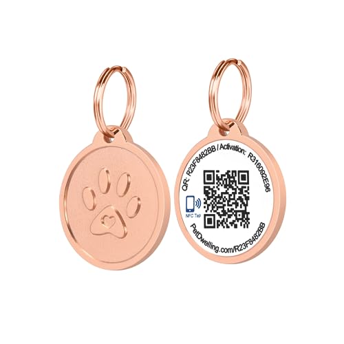 Pet Dwelling Premium NFC-QR Code Pet ID Tags - Dog Tags and Cat Tags, Connect to Online Pet Profile, Receive Instant Scanned Location Email Alert(Rose Gold Paw)