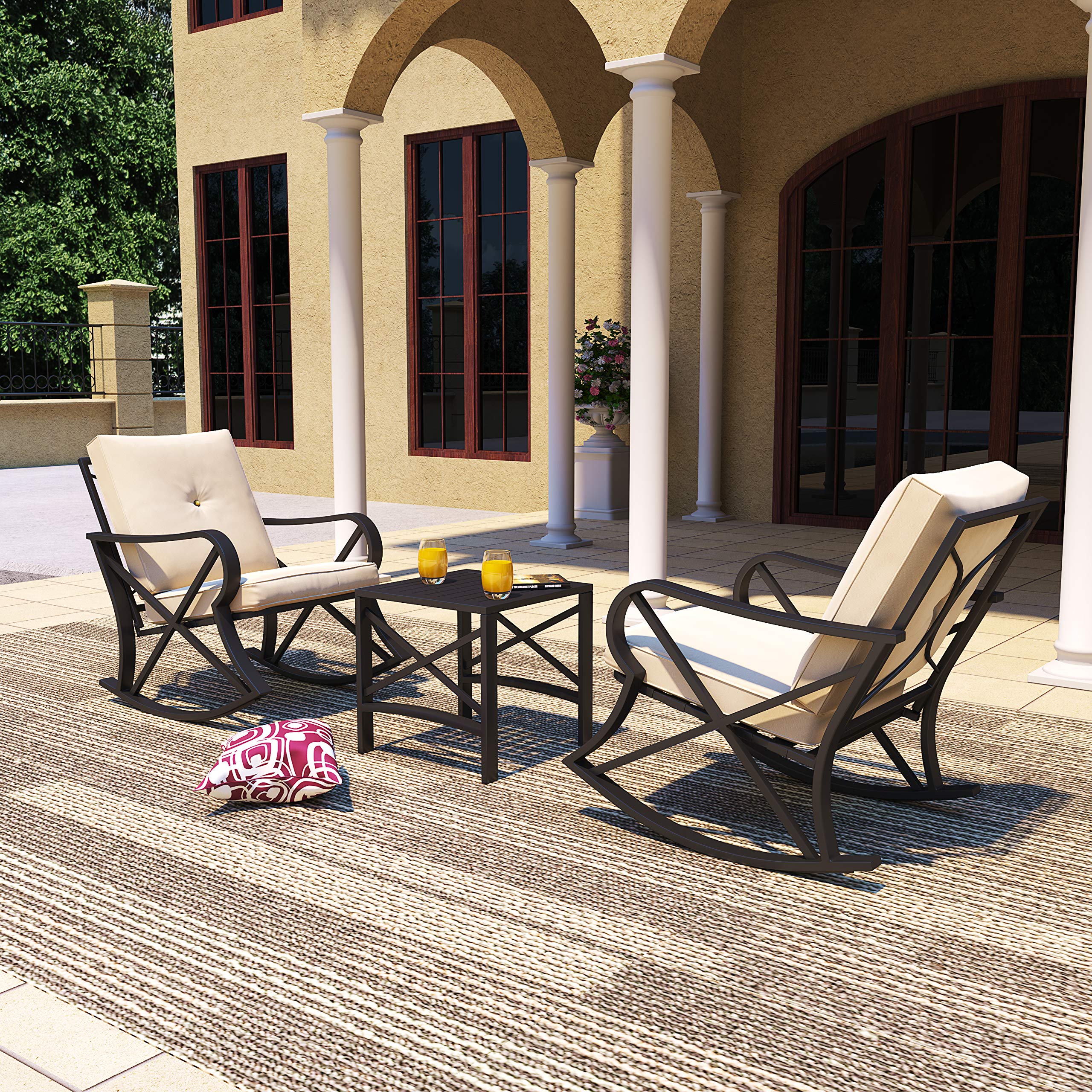 PatioFestival Rocking Chairs Bistro Set Metal Outdoor Furniture Conversation Set with Coffee Table&Thick Cushions for Backyard,Lawn,Porch,Poolside (3PCs, Khaki)