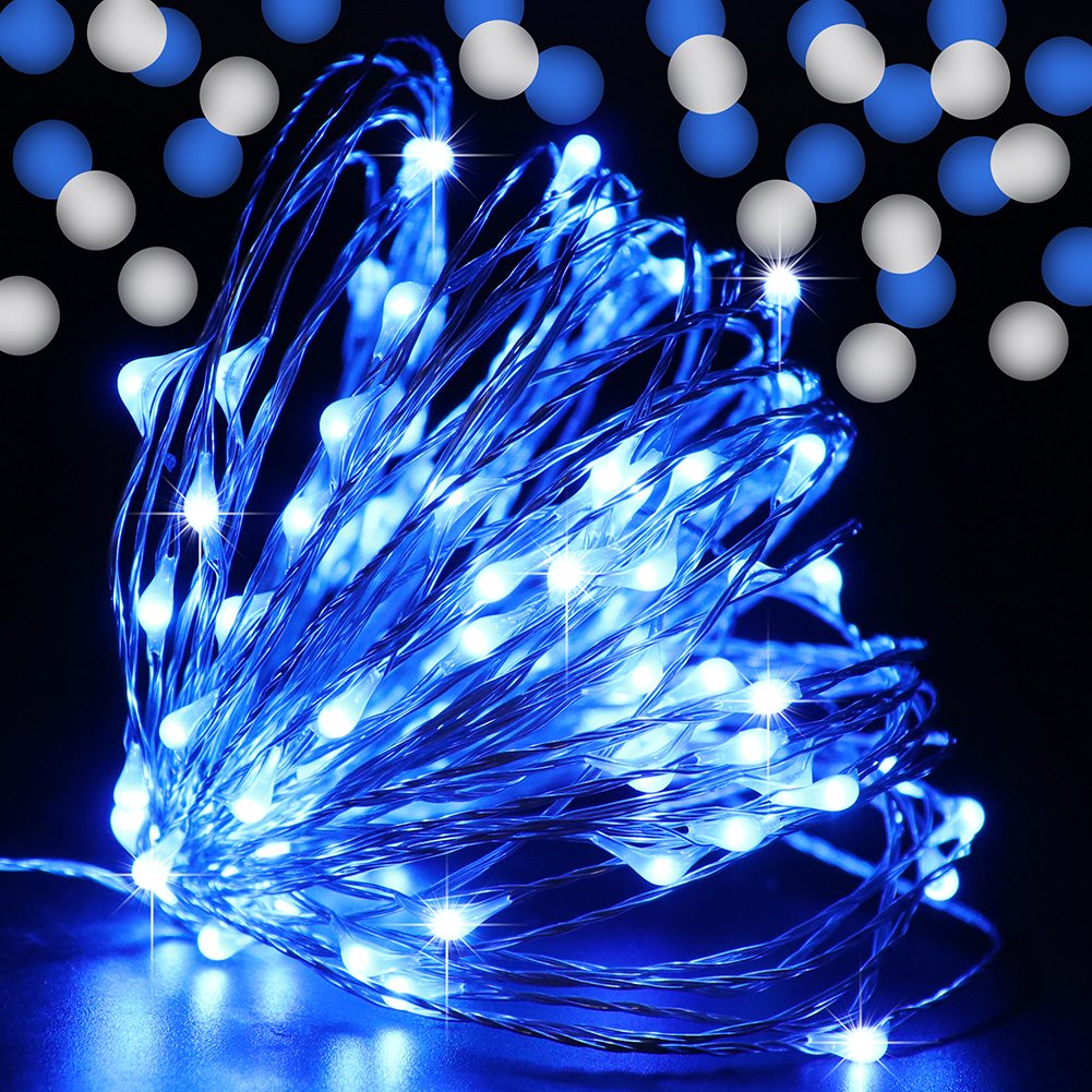 XUNATA Solar String Lights, 66Ft 200 LED 8 Modes Copper Wire Indoor Outdoor Starry String Lights, Waterproof Solar Decoration Lights for Gardens, Homes, Parties (Blue)