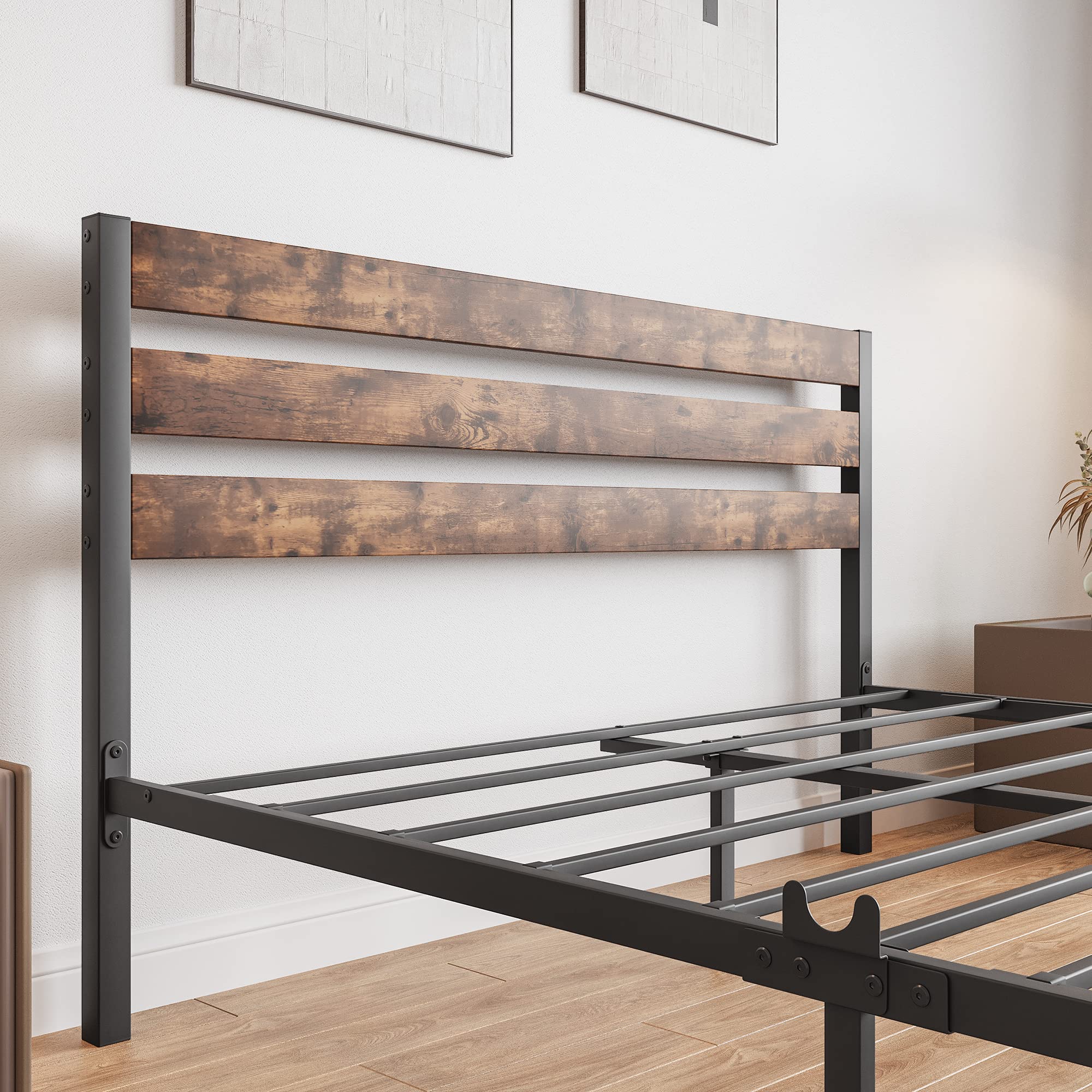 Crocofair Platform Queen Bed Frame with Vintage Wood Headboard,Mattress Foundation,Strong Metal Slats Support,No Box Spring Needed,Easy Assembly,Noise-Free,Black & Rustic