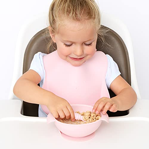 PrimaStella Unbreakable Silicone Non-Slip Bowl and Chew Spoon Set for Babies and Toddlers (Pink)