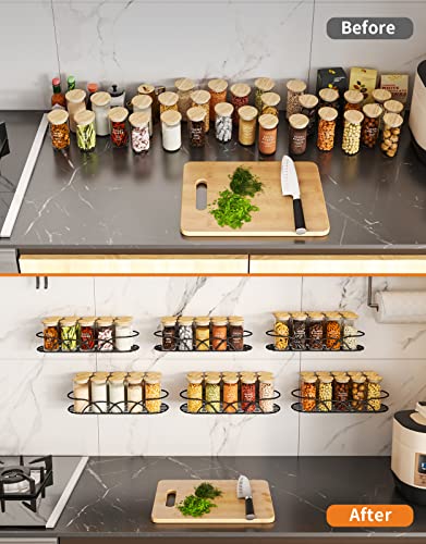 SWTYMIKI 6 Pack Spice Rack Wall Mount Rainbow Design Hanging Spice Shelf Organizer for Cabinet Strong & Stable Metal Seasoning Organizer for Kitchen Cabinet Wall and Pantry Organization Storage,Black