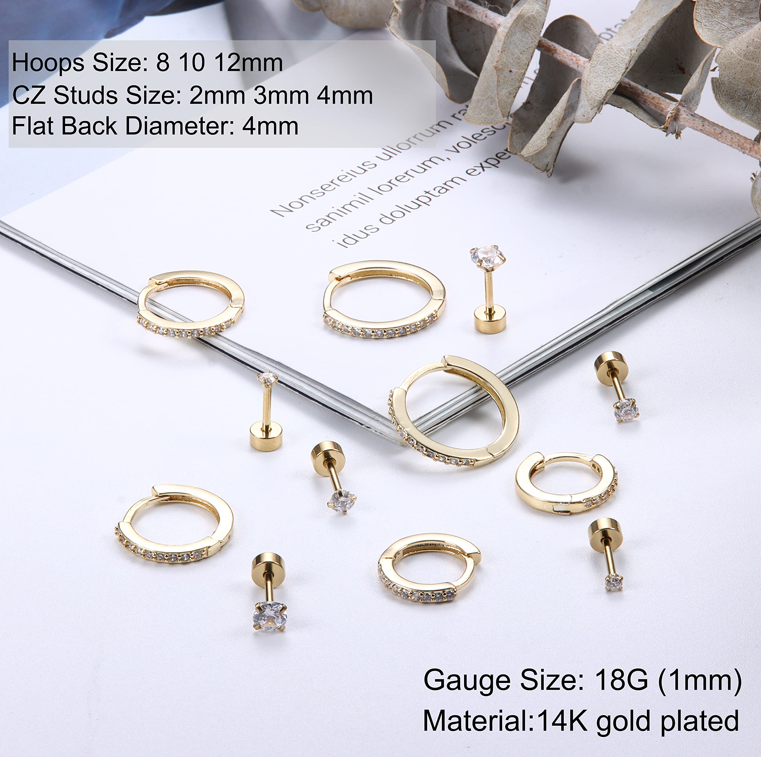 FASACCO 14K 8/10/12MM Flat Back Cartilage Earring Set for Multiple Piercing Tiny Cartilage Hoop Earrings Gold Dainty Flatback Cartilage Stud