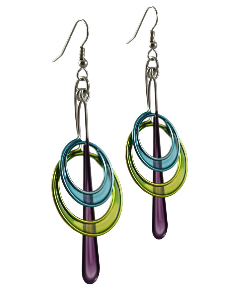 Christopher Royal Kinetic-Inspired Stainless Steel Art Earrings, 3” Double Orbit Drops – Purple, Blue Green