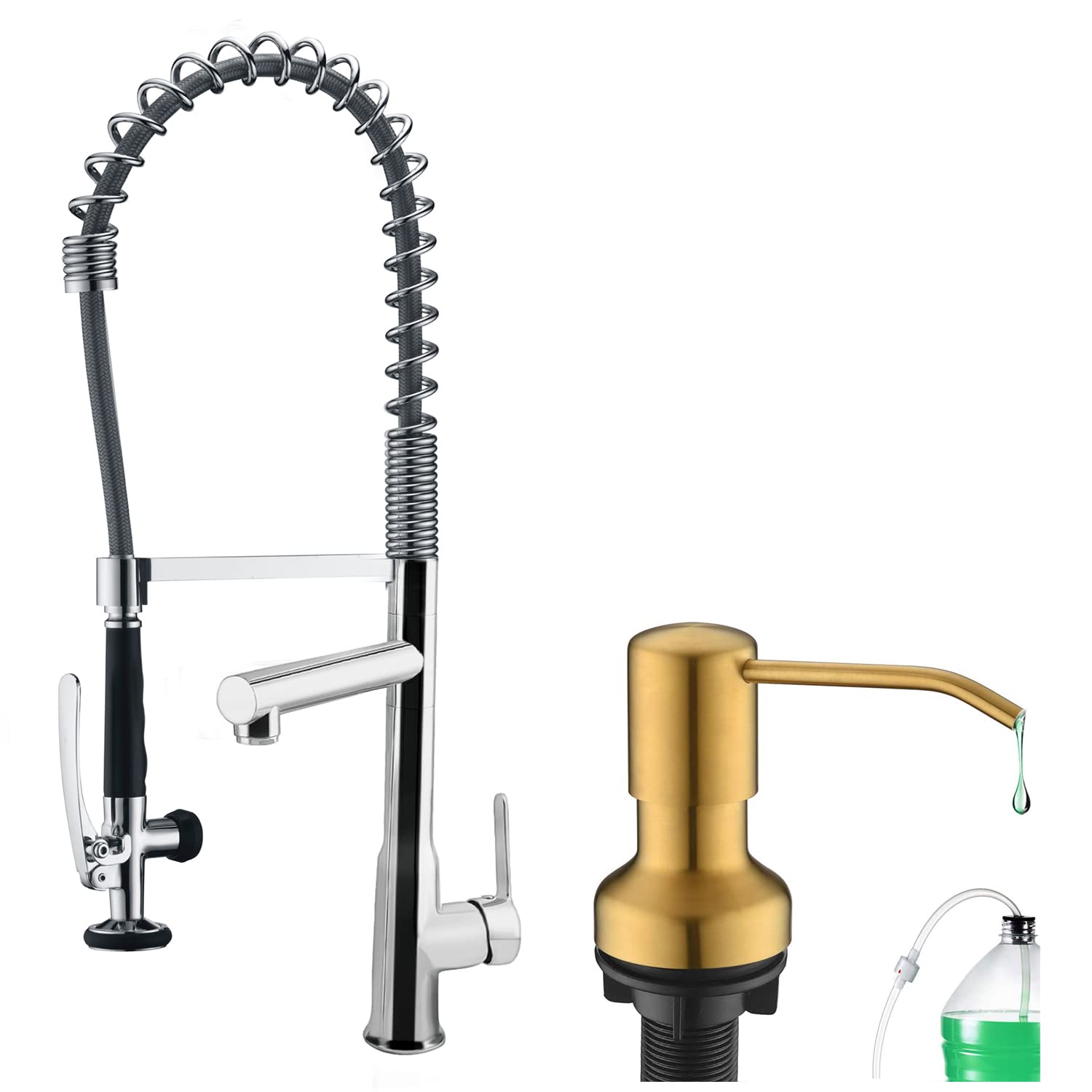 Commercial Kitchen Faucet Pull Down Sprayer with Soap Dispenser - Brass High Arc Tall Modern Single Lever Handle One Hole Spring Pull Out Kitchen Sink Faucet with Pull Out Spray