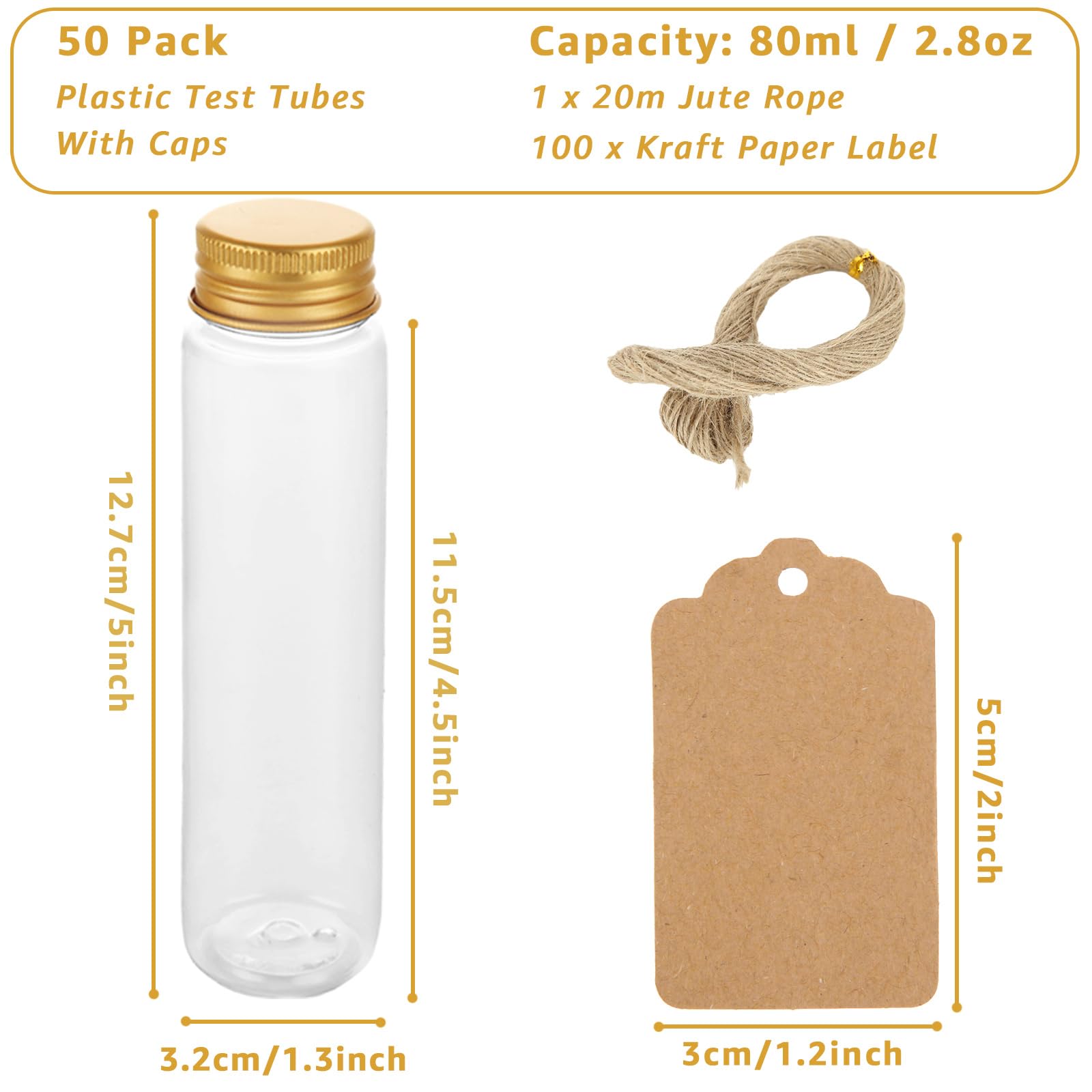 LDHHYH 50 Pack 80ml / 2.8oz Test Tubes with Caps, Clear Plastic Tube, Empty Leakproof Test Tube Bottle for Candy Bath Salt Spices Home Party Decor - Flat Bottom