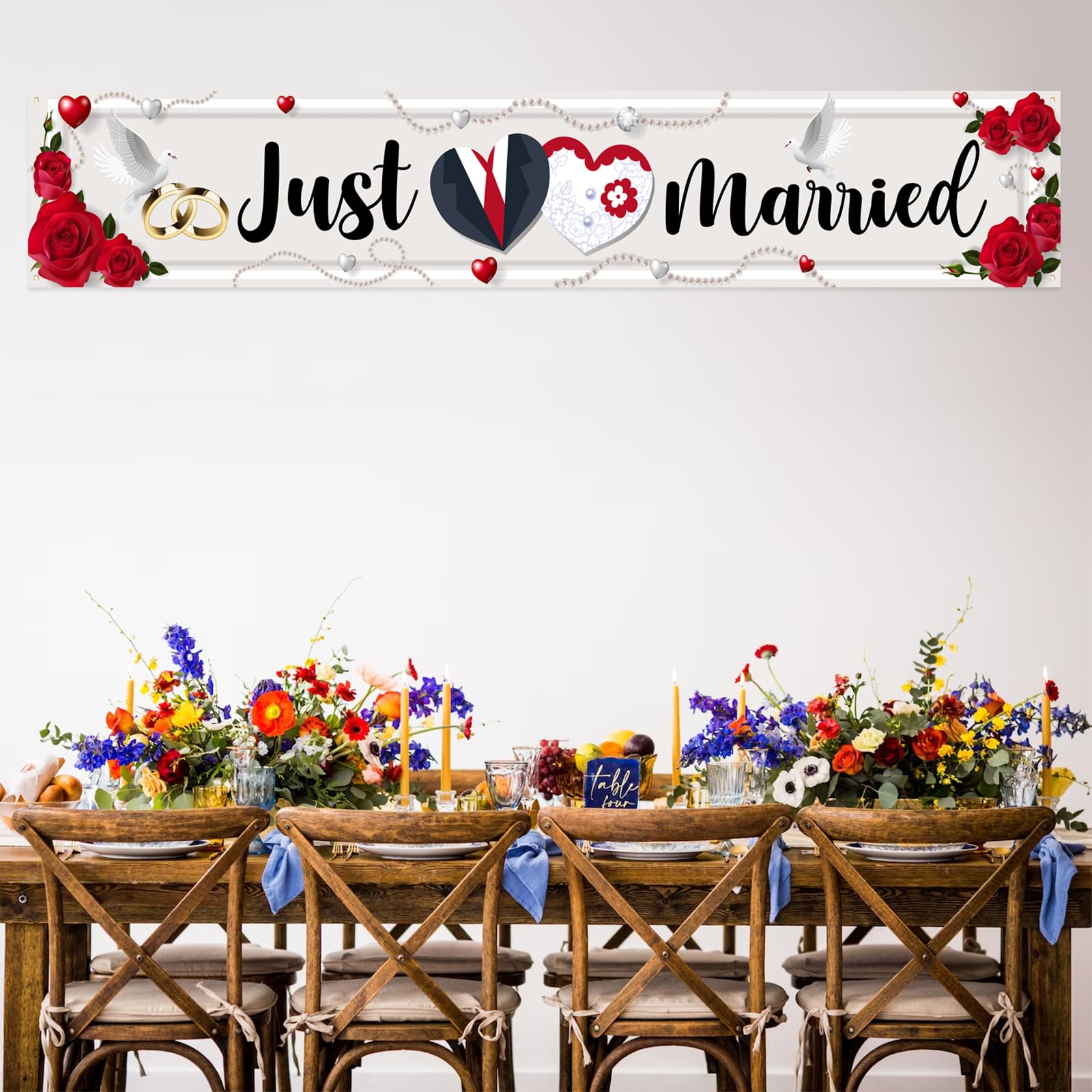 Labakita Large Just Married Banner, Wedding Ceremony Front Yard Banner Sign, Wedding Banner for Outside/Inside, Honeymoon Bridal Shower Wedding Party Decoration Supplies