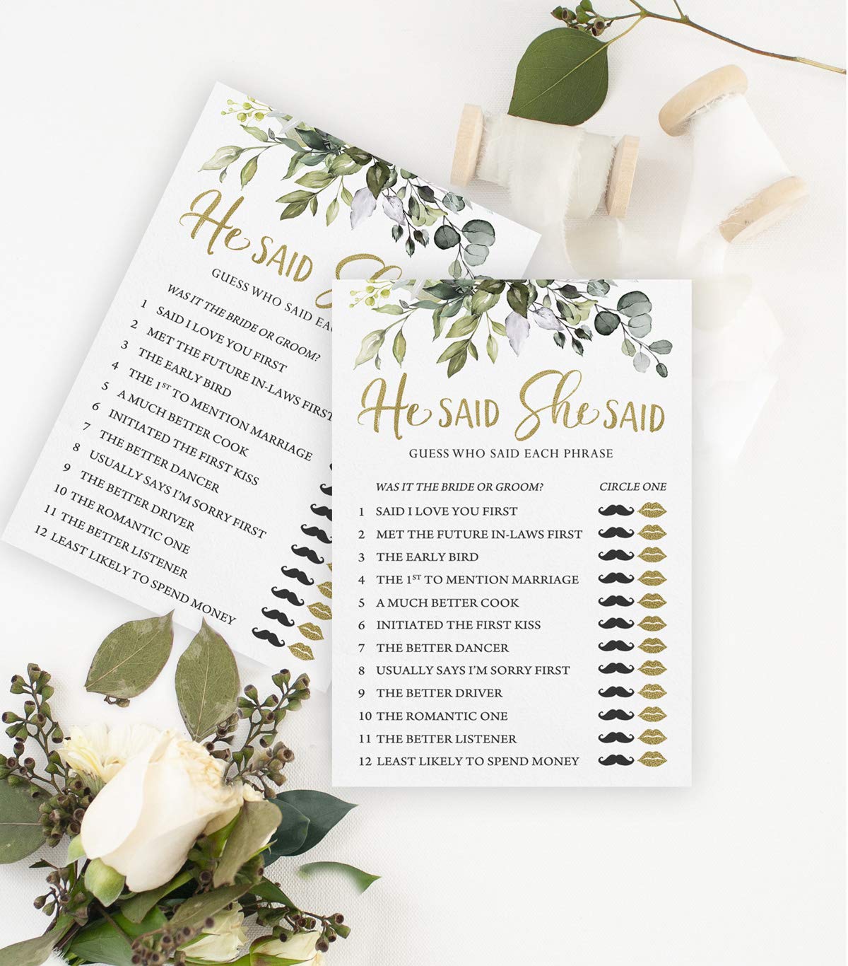 Printed Party Bridal Shower Games โ He Said She Said Game with Fun Bride and Groom Trivia, Wedding Shower Activity, Botanical Eucalyptus Theme, 50 Guests
