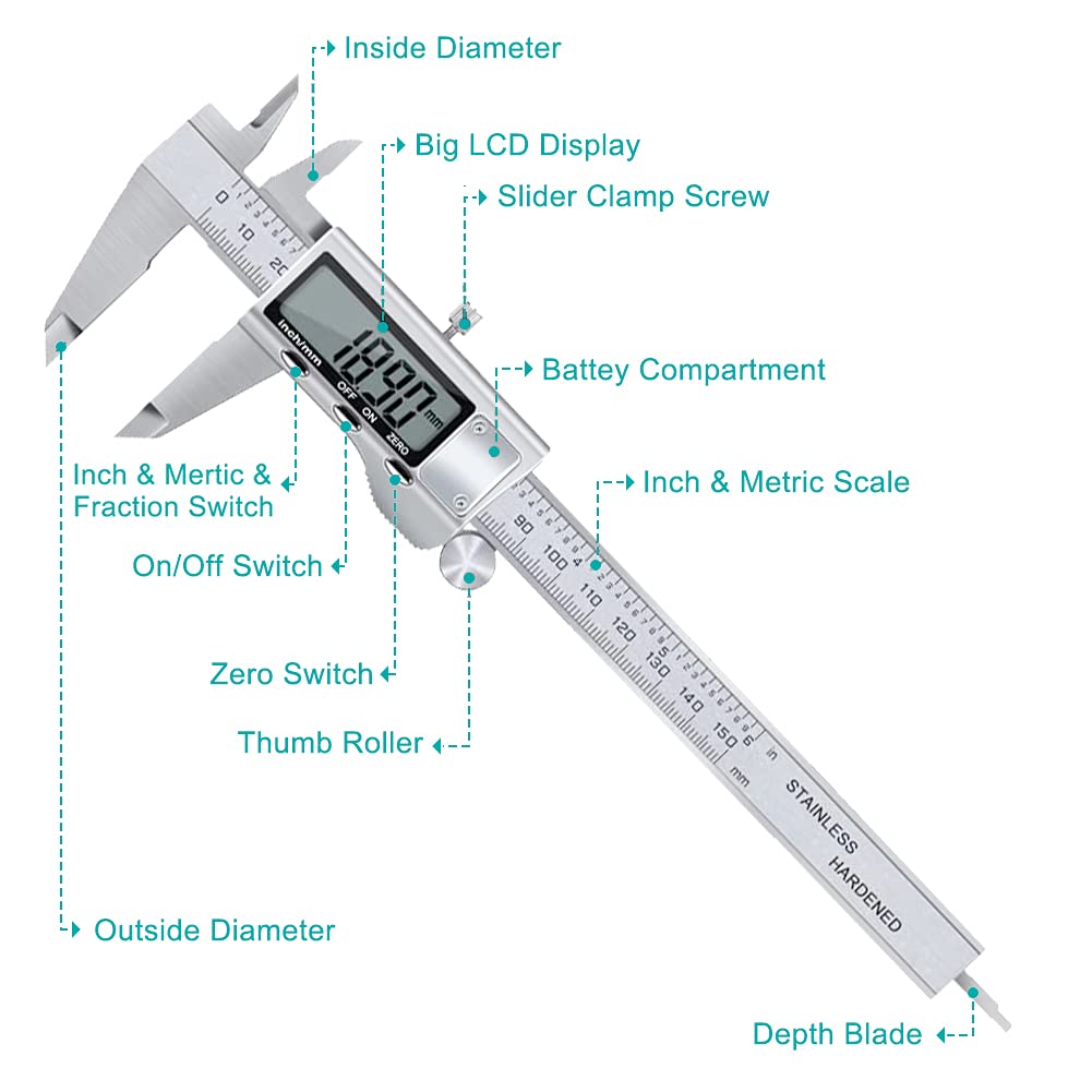 Digital Caliper 6 Inch Stainless Steel Vernier Caliper Digital Electronic Micrometer Caliper Measuring Tool Waterproof Inch/Metric/Fractions Conversion Large LCD Display Auto-Off