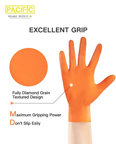 PACIFIC PPE Strength Nitrile Industrial Orange Gloves, 8 Mil, Diamond Texture Disposable Heavy-Duty, Powder Free, Large, 100 Count