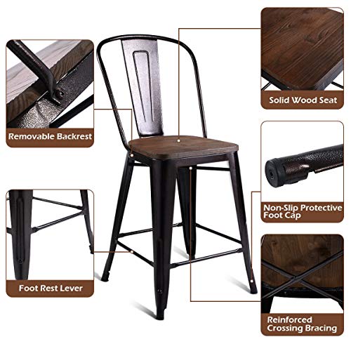 COSTWAY Tolix Style Dining Stools with Wood Seat and Backrest, Industrial Metal Counter Height Stool, Modern Kitchen Dining Bar Chairs Rustic, Copper