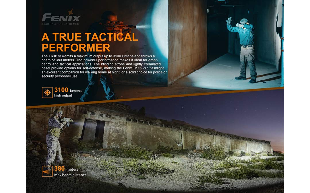 Fenix TK16 v2.0 Tactical Flashlight, 3100 Lumen Long Throw, USB-C Rechargeable, with LumenTac Organizer