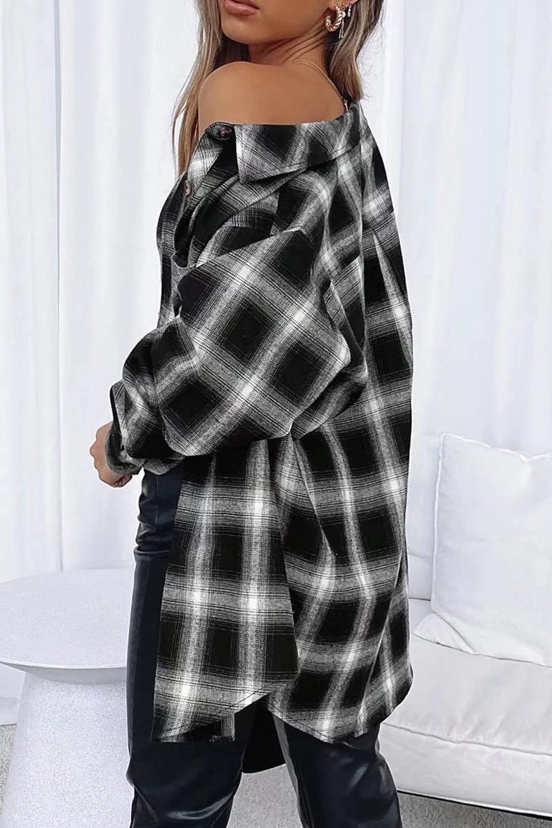 CHYRII Womens Button Down Flannel Shirts Long Sleeve Plaid Shacket Business Casual Tops Black XL