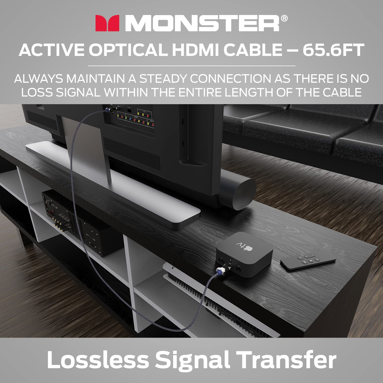Monster M-Series Active Optical Lightwave Cable Certified Premium HDMI 2.1-48 Gbps Cable with Aluminum Extrusion Connector, V-Grip, Duraflex Protective Jacket - Supports 8K @ 60HZ, 4K @ 120HZ, 65.6 FT
