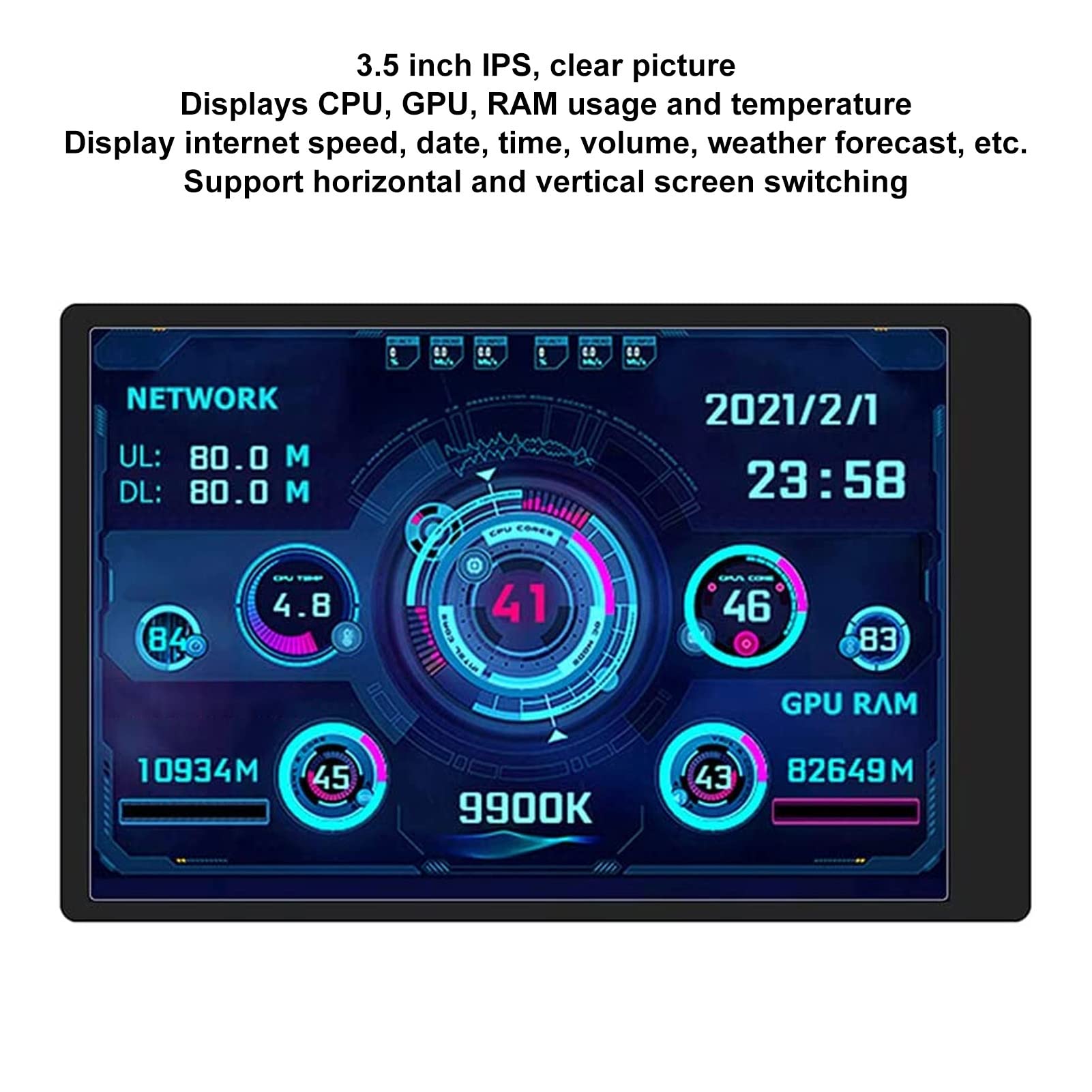 Fabul 3.5 Inch Mini USB IPS Screen, Mini USB Screen Temperature Display 360 Degree Rotation for Computer Case