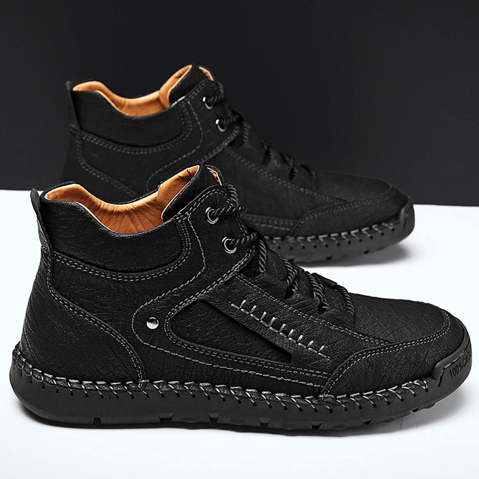 FASDNENDYS 2022 New Large Size Border Handmade Retro Stitched Leather Comfortable Casual Shoes Mens Wide Slip on Shoes Black