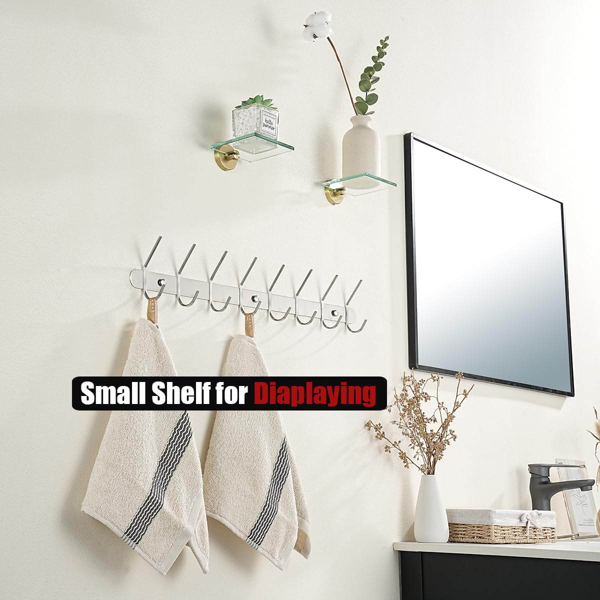 JQK Small Floating Glass Shelves Gold, 4 Inch Display Ledges for Wall, Mini Decor, Living Room Bedroom Bathroom, Tempered Glass Shower Storage, 2 Pack, TGS101L4-BG-P2