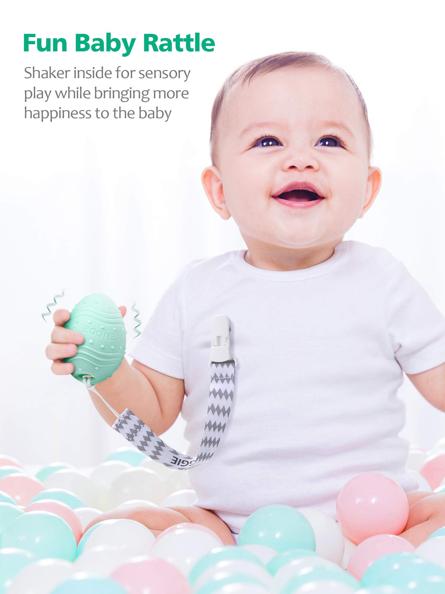 Dino Eggie Baby Teether Egg-Shaped Teething Toy with Pacifier Holder Clip, BPA-Free, for Infant Boys and Girls - Blue