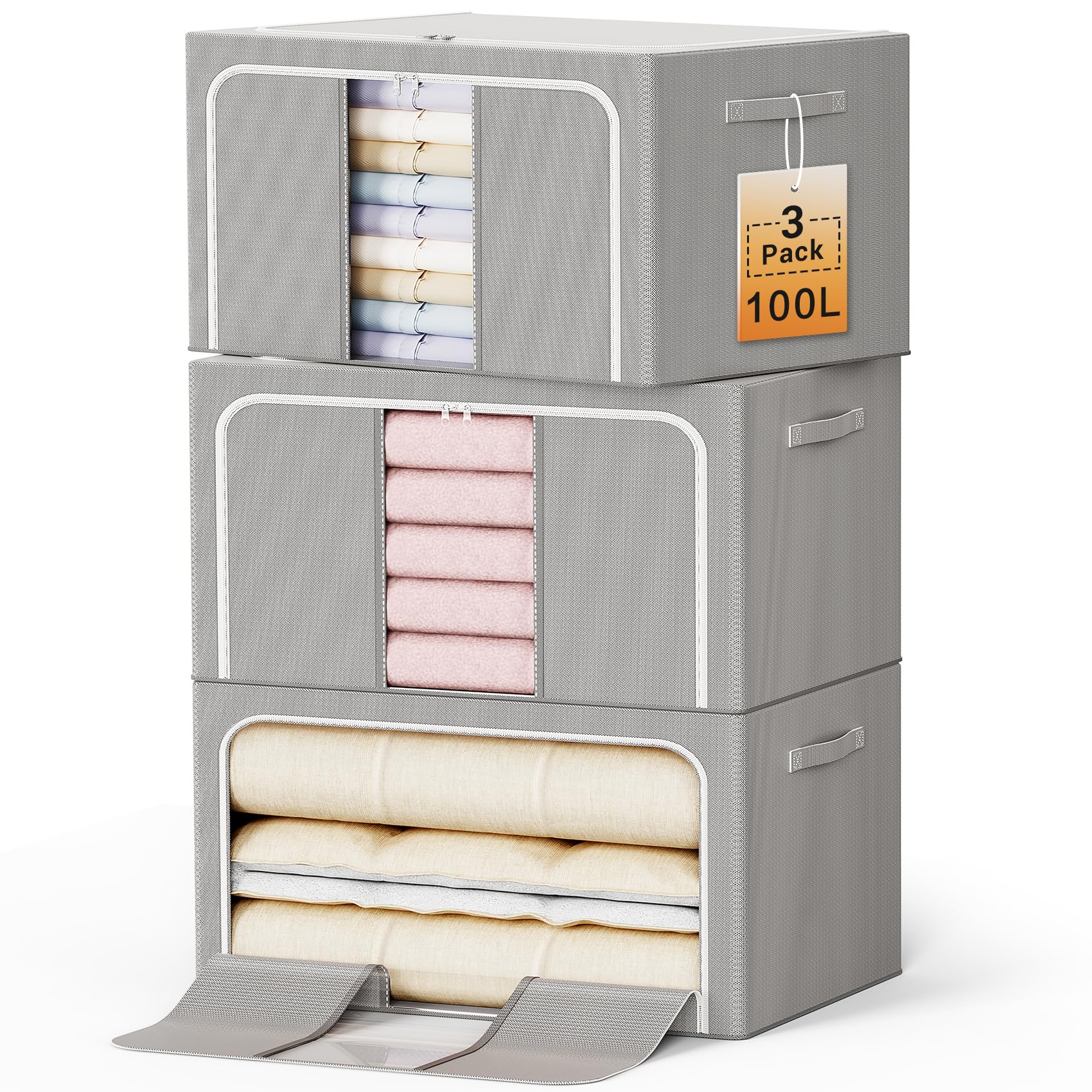 LeArex Clothes Storage Bins with Metal Frame Foldable Storage Box Clothes Organizers Storage Containers for Clothes Sheets Blankets Books Toys Gifts and Holiday Decorations (66Lx3 Pack)