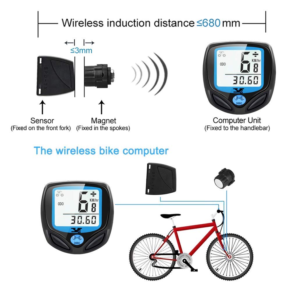 DINOKA Bike Speedometer Waterproof Wireless Bicycle Computer Bike Computer and Cycling Odometer with Automatic Wake-up Multi-Function LCD Backlight Display