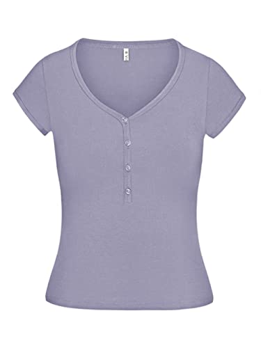 REORIA Women’s Summer Sexy Casual Henley V Neck Button Down Short Sleeve Going Out Y2K Ribbed Tshirts Crop Tops Light Haze Blue Small
