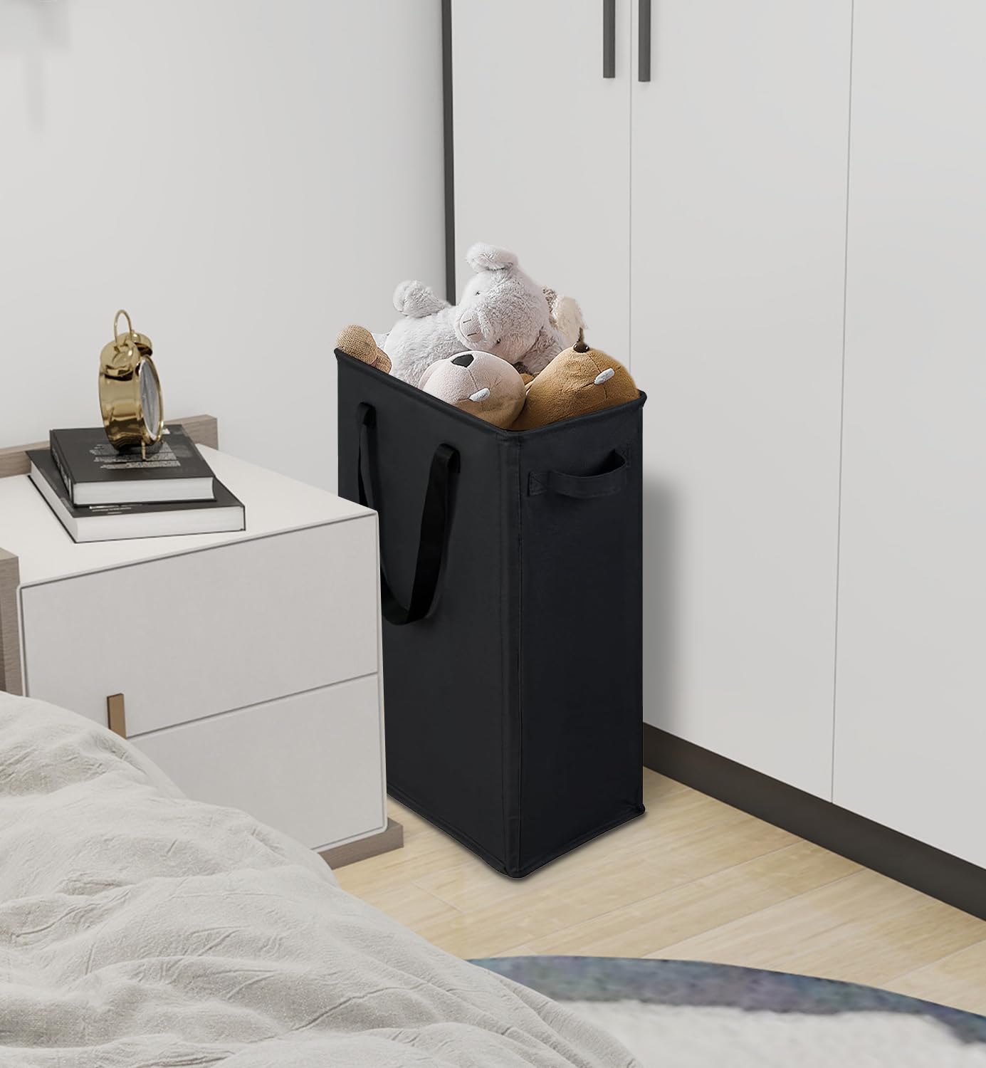 HMFULE Narrow Laundry Basket, Slim Laundry Hamper with Handle,Portable Storage Hamper 48L Foldable for Laundry Room, Dorm and Bedroom (Black)