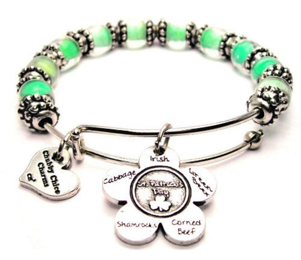 ChubbyChicoCharms St Patricks Day Flower Lime Green Glass Beaded Bangle Adjustable Bracelet