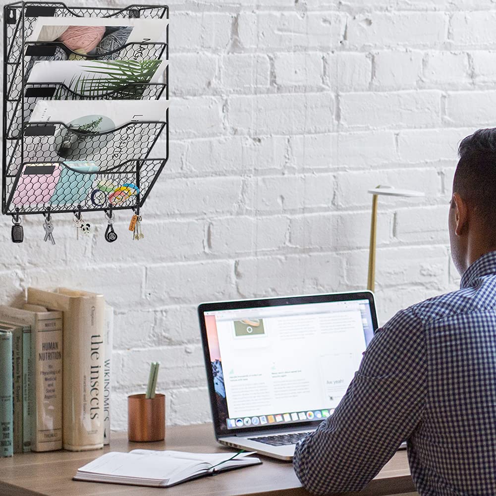 COSYAWN 5 Tier Wall File Holder with Hook, Hanging Mail Organizer Metal Chicken Wire Wall Mount Magazine Rack with Label Panel, Black