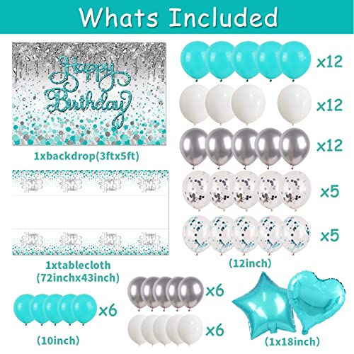 Happy Birthday Decorations Teal Balloon Garland for Girls Birthday Teal and silver Glitter Backdrop Teal Blue Balloons Garland Kit and Teal Dot Disposable Tablecloth