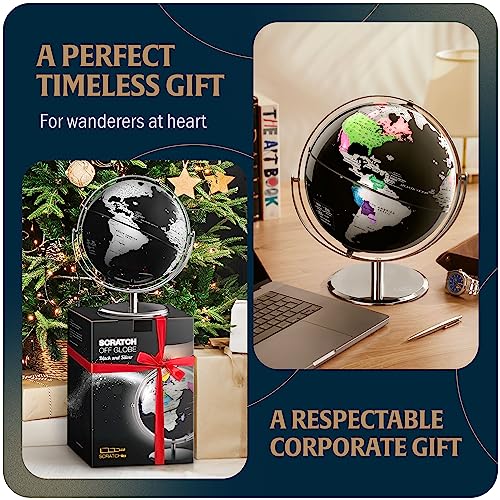 Scratch Off World Globe with Stand for Home and Office Decor | 10” Sphere Earth Globes with Scratchable Foil | A Unique Travel Gift for Travelers | World Map Desktop Globe | Travel Map Scratch Map (Globe - Black & Silver)