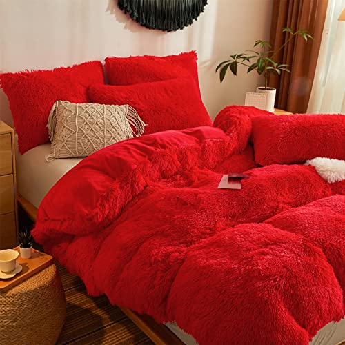 Red Fluffy Comforter Cover Shaggy Plush Set,Ultra Soft Faux Fur Duvet Cover Bedding Sets Queen 3 Pieces with Pillow Cases, red Fuzzy Bed Set Zipper Closure (Red, Queen)