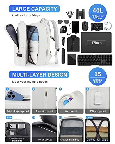 Large Travel Backpack for Women,Carry On Backpack,Expandable Airline Airplane Approved Weekender Backpack,Hiking Backpack,Laptop Backpack with USB Charging Port,Waterproof 40L Backpack Bag, White