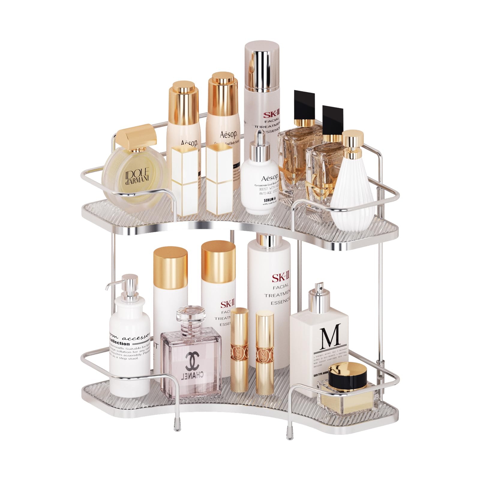 INVSSENE 2 Tiers Bathroom Organizer Countertop, Skincare Organizer, Makeup Organizer for Vanity, Cosmetic Storage Shelf, Perfume Display Tray - Plain Silver