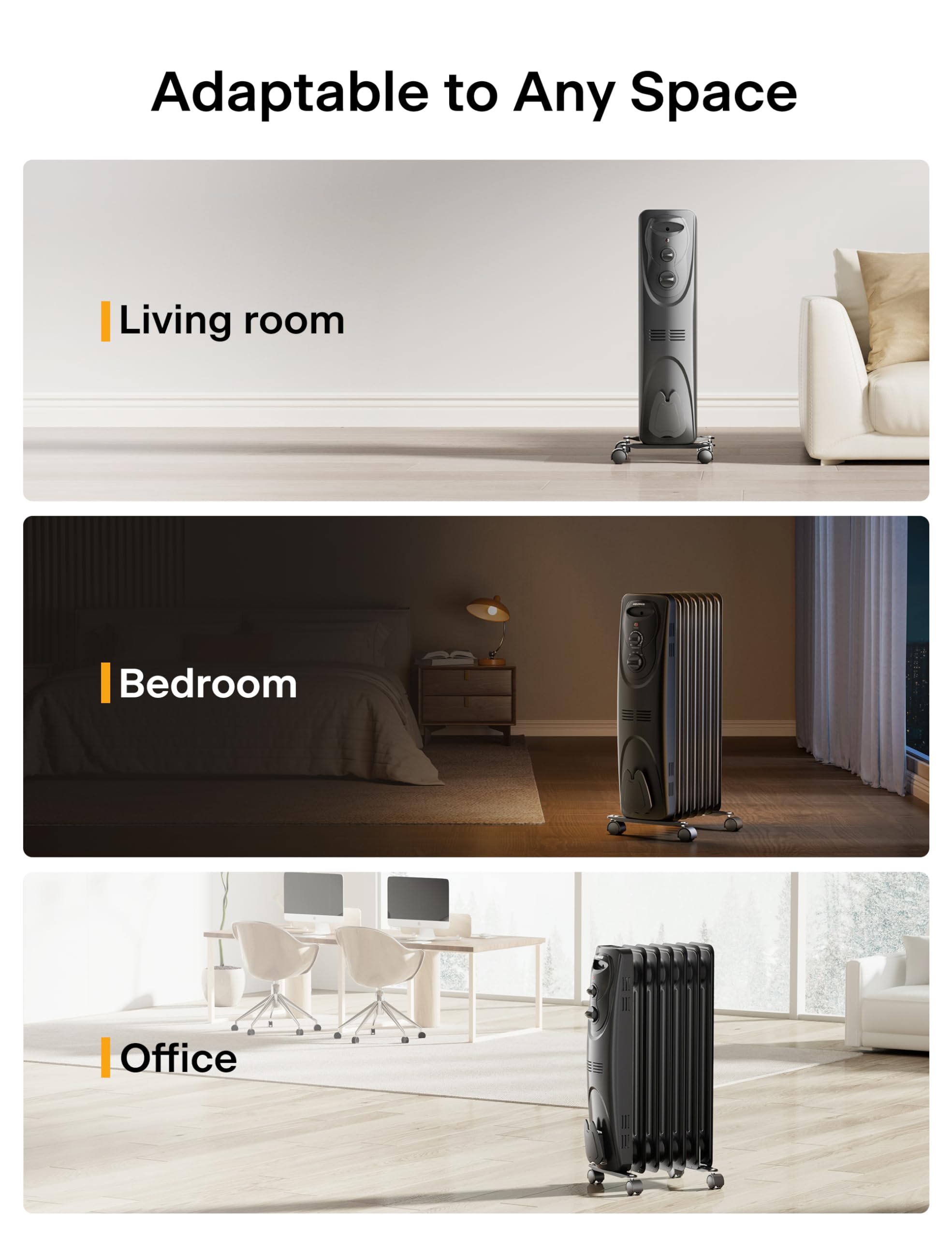 PELONIS Oil Filled Radiator Heater for indoor use Large Room Safe with Thermostat, 1500W Energy Efficient Quiet Space Heater, 3 Heat Settings, Overheat & Tip-Over, Black