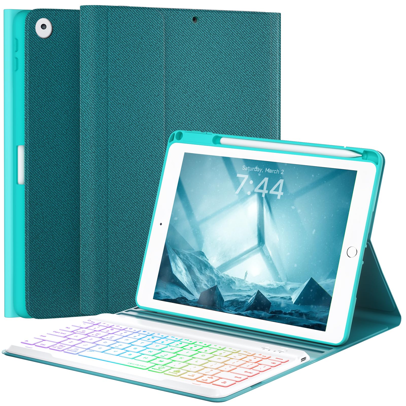 OYEEICE Keyboard case for iPad 9.7 inch, iPad 6th Gen (2018), iPad 5th Gen (2017), iPad Air 2 (2014) - 7 Color Backlit Wireless Keyboard with Pencil Holder for iPad 6th/5th Pro 9.7'' Air 2/1 - Teal