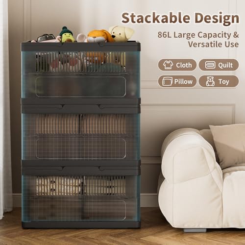 HAIXIN HOME Upgrade 86L Large Collapsible Laundry Basket Black, Stackable Storage Bins Plastic, Foldable Laundry Hamper, Dirty Clothes Hamper with Handles for Laundry/Bedroom, Dorm Room Essentials