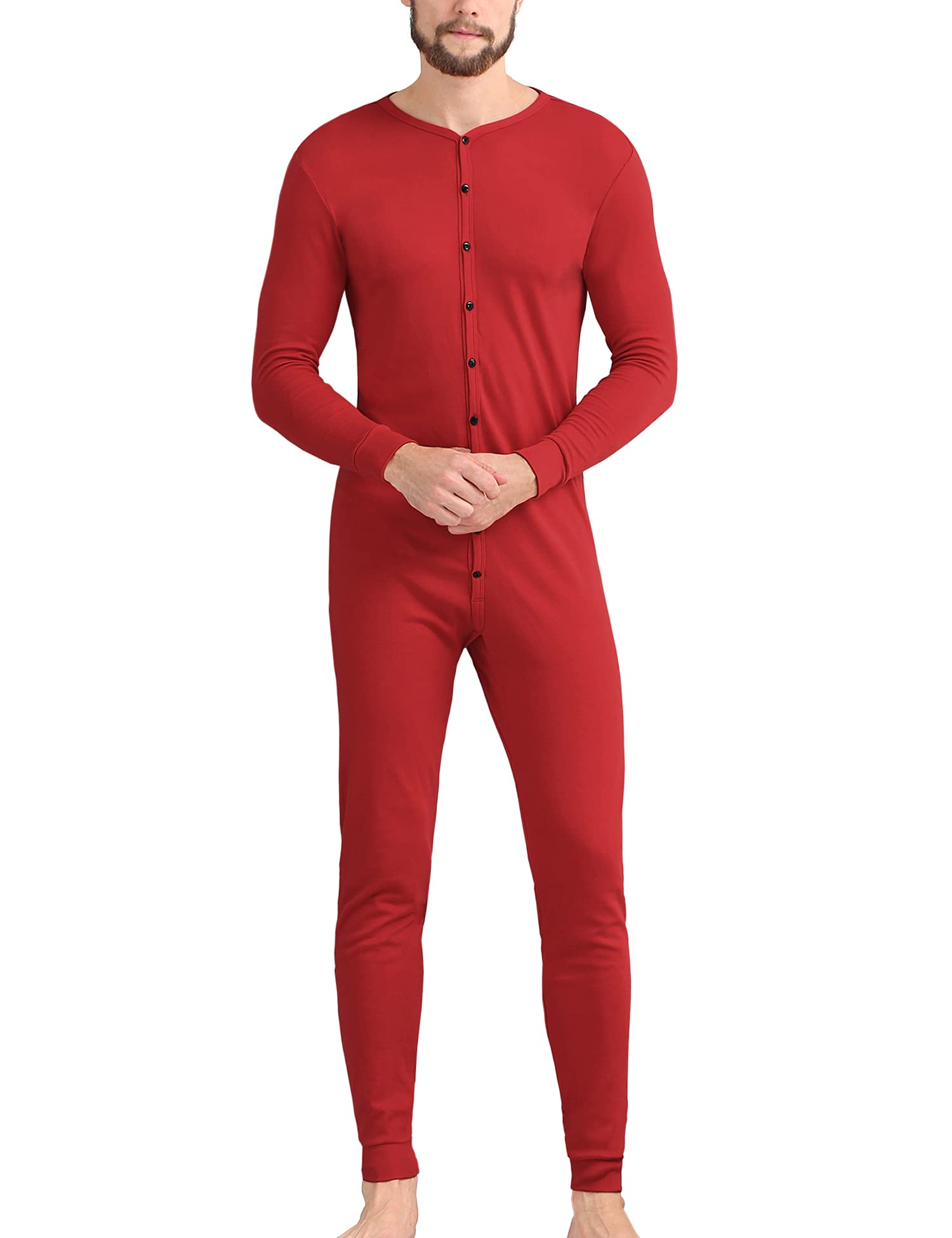 COLORFULLEAF Men's Cotton Thermal Underwear Union Suits Henley Onesies Base Layer (Red, XL)
