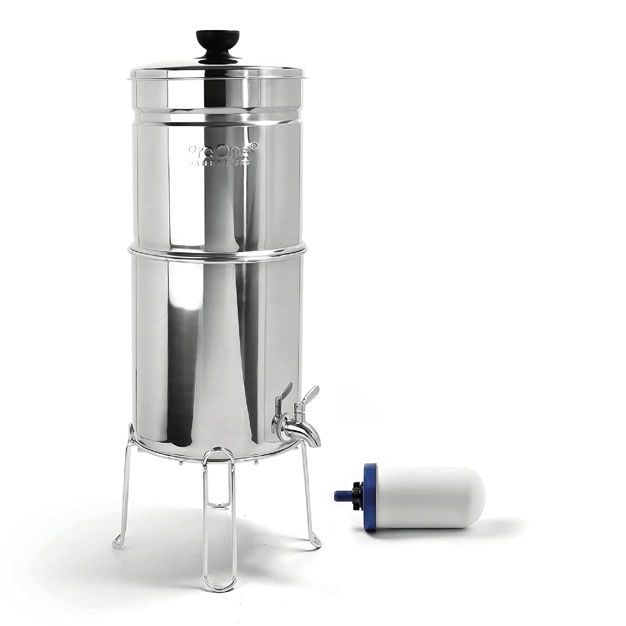 ProOne Traveler+ Stainless-Steel Gravity Filter System, 2.25-Gallon Water Capacity, Countertop Water Dispenser for Home & Travel with One 5â Filter & Wire Stand, Independently Tested Proven to Reduce