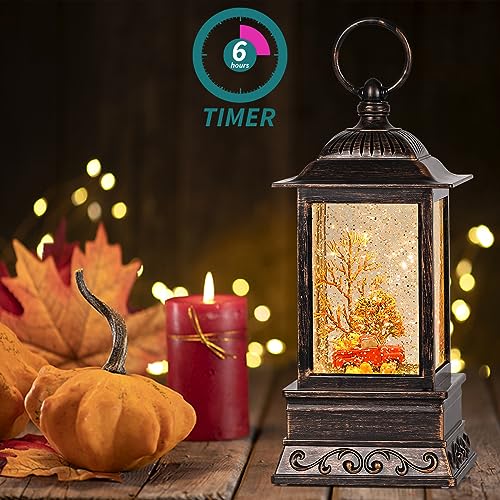 Red Truck Snow Globe Fall Decorations for Home, Thanksgiving Glittering Lighted Lantern Autumn Harvest Decor