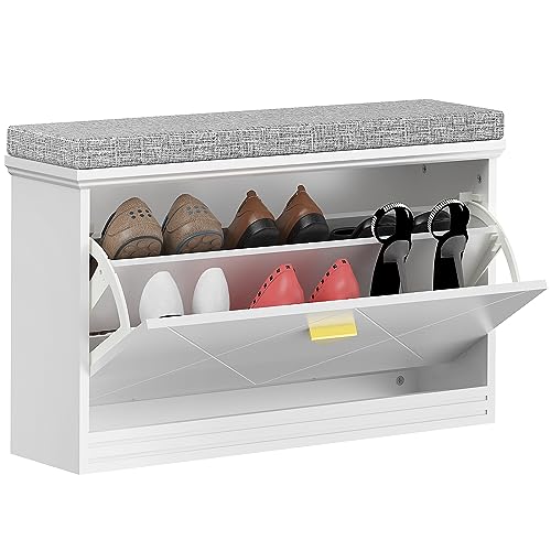 joibabe Shoe Cabinet with Flip Drawers, Shoe Bench with Removable Cushion, Free Standing Tipping Bucket Shoe Rack Organizer with Adjustable Shelf, Shoe Storage Cabinet