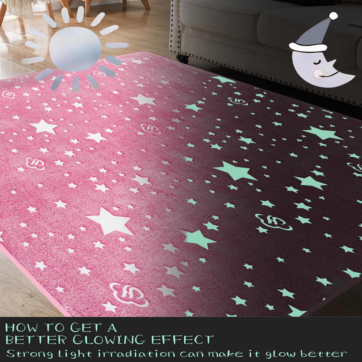 Large Area Rug Carpet Glowing in The Dark Pink Star 5'x4' for Children Room Decor Funny for Babyroom and Living Room Rectangular Mat for Kids Bedroom