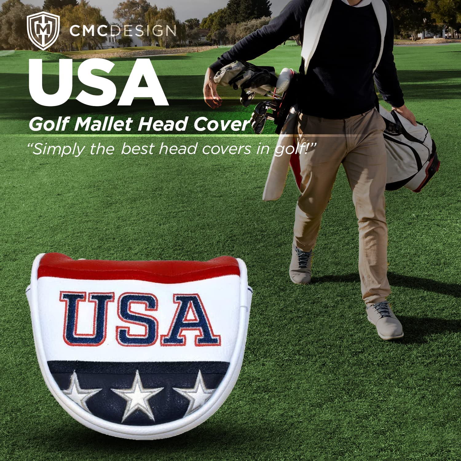 CMC Design Golf Mallet Head Cover - Custom USA Embroidered Golf Driver - Premium Faux Leather, Beautiful Design Elements & Soft Protective Lining – Great Fit for Any Mallet & Golfer