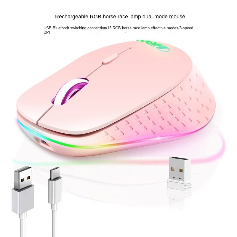 Ergonomic Wireless Mouse, Rechargeable Mouse, RGB Gaming Mouse, RGB Marquee Mouse (Pink)