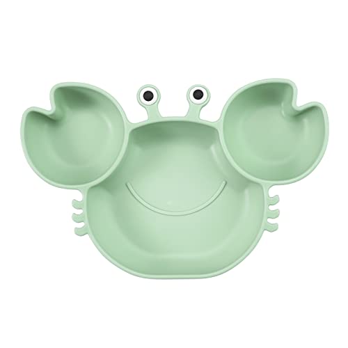 PandaEar 2 Pack Silicone Suction Plate for Baby, Divided Unbreakable Toddler Food Plate with 2 Pack Spoons for Self Feeding, Toddler Utensils Feeding Set Baby Eating Supplies, Crab Shape, Blue&Green