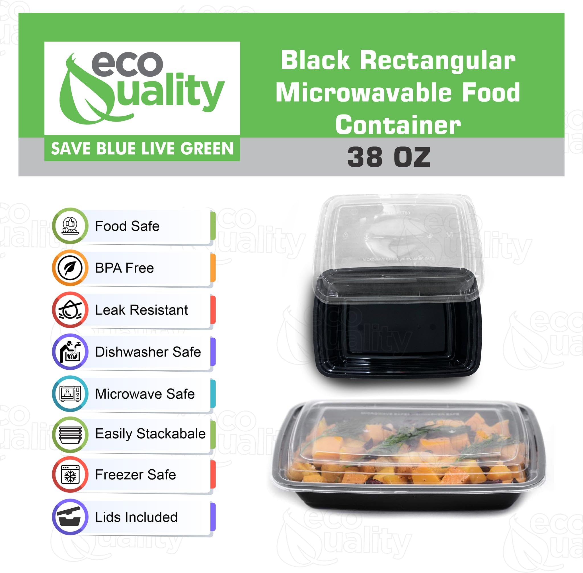 EcoQuality 38 oz Reusable Food Storage 25 Pack Containers with Lids Rectangular BPA Free Freezer, Microwave & Dishwasher Safe β Airtight & Watertight Stackable, Lunch Meal Prep, To-Go, Bento Box