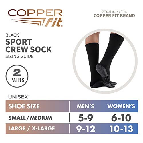 Copper Fit unisex adult Crew Sport - 2 Pack Running Socks, Black, Large-X-Large US