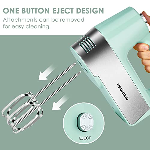 REDMOND Hand Mixer Electric, 5-Speed Hand Mixer with Measuring Storage Case, Kitchen Handheld Mixer Includes Dough Hooks, Whisk and Beaters for Cream, Cake, Cookies, Eggs 250W Hand Mixer with Measuring Box, HM018 Mint Green