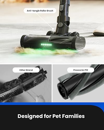 Proscenic P12 Cordless Vacuum Cleaner, Vertect Light, Anti-Tangle Brush, Stick Vacuum with Touch Display, 33Kpa/120AW Cordless Vacuum, Max 60mins Runtime, Deep Clean for Pet Hair, Hard Floor & Carpets