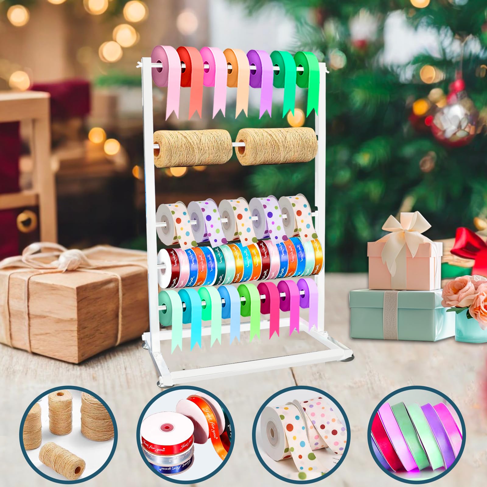 Mannxitzdy 5 Tier Ribbon Holder Organizer Rack, Ribbon Organizer, Ribbon Organizer Storage Ribbon Rack for Craft Room, Flower Store, Cake Shop, White